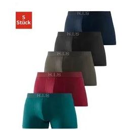 H.I.S. Boxer H.I.S "Boxershorts f&uuml;r Herren", Damen, Gr. S, 5 Stk., bunt (petrol, bordeaux, schwarz, olivgr&uuml;n, navy), Jersey, Obermaterial: 95% Baumwolle, 5% Elasthan, unifarben, Unterhosen, Logo Webbund mit 3D Effekt