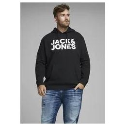 Jack & Jones Kapuzensweatshirt "CORP LOGO SWEAT HOOD", Herren, Gr. 5XL, schwarz, angeraute Sweatware, Obermaterial: 70% Baumwolle, 30% Polyester, JACK & JONES PLUSSIZE, bedruckt, Modisch, normal normal, Rundhals, Bündchen, Sweatshirts, Bis Größe 6XL