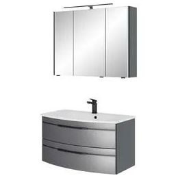 Badmöbel-Set SAPHIR "Serie 7045 2-teilig Mineralmarmor-Waschtisch mit LED-Spiegelschrank", grau (stahlgrau metallic), B:93,2cm H:200cm T:50,1cm, Spanplatte, Kastenmöbel-Sets, Badezimmer-Set 93,2 cm breit, inkl. Türdämpfer, 3 Türen, 2 Schubladen