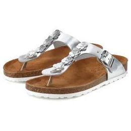 Zehentrenner Lascana "Sandale, Pantolette, offener Schuh, Sommerschuh", Damen, Gr. 42, silber (silberfarben), Obermaterial: 100% Lederimitat. Futter: 100% Textilmaterial. Decksohle: 100% Rindsleder. Laufsohle: 100% Synthetik, glänzend, metallic, Schuhe Zehentrenner, mit modischer Applikation und Komfortkorkfußbett aus Leder