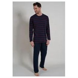 Pyjama Bugatti, Herren, Gr. 50, rot (rot, dunkel, ringel), Single Jersey, Obermaterial: 60% Baumwolle, 40% Polyester, gemustert, gestreift, schmal lang, Rundhals, Homewear-Sets, Rundhalsausschnitt, Langarm, lange Hose, Streifendesign, Baumwollmix