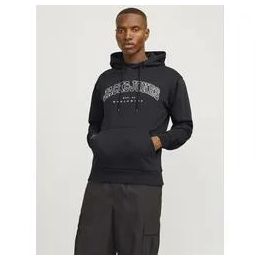 Jack & Jones Kapuzensweatshirt JACK & JONES "JJECALEB VARSITY SWEAT HOOD NOOS", Herren, Gr. M, schwarz, angeraute Sweatware, Obermaterial: 70% Baumwolle, 30% Polyester, bedruckt, loose fit, Rundhals, Bündchen, Sweatshirts