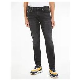 Tapered-fit-Jeans Tommy Jeans "Austim Slim Tapered", Herren, Gr. 30, Länge 34, schwarz (denim schwarz), Denim/Jeans, Obermaterial: 99% Baumwolle, 1% Elasthan, unifarben, slim fit lang, Jeans, mit Logostickereien