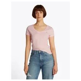 Kurzarmshirt Tommy Jeans "TJW SLIM V-NECK TEE", Damen, Gr. S (36), rosa (precious pink), Single Jersey, Obermaterial: 100% Baumwolle, unifarben, slim fit hüftlang, V-Ausschnitt, abgesteppt, Shirts, mit Logo-Stickerei