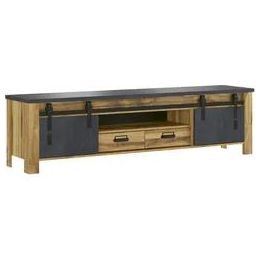 TV-Schrank Home Affaire "York, moderner Unterschrank, Kommode im Industrialdesign", grau, B:201cm H:55cm T:44cm, Schränke, mit Apothekergriffen & Scheunentorbeschlägen aus Metall, 201 cm breit