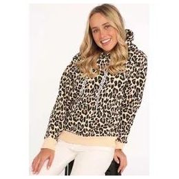 Hoodie ZwillingSHERZ ""Classic Leo AOP"", Damen, Gr. SM (S/M), beige, comfort fit hüftlang, V-Ausschnitt, Sweatshirts, Leo Allover mit Kängurutaschen