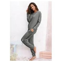 Pyjama Vivance DREAMS, Damen, Gr. 32/34, grau (melange, dunkelgrau), Single Jersey, Obermaterial: 60% Polyester, 36% Viskose, 4% Elasthan, meliert, unifarben, Basic, Basic bodenlang, Homewear-Sets, mit aufgesetzten Seitenstreifen