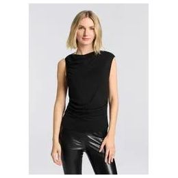 Shirttop BOSS ORANGE "Enima Premium Damenmode", Damen, Gr. XL, schwarz (schwarz 001), Jersey, Obermaterial: 55% Baumwolle, 37% Modal, 8% Elasthan, unifarben, slim fit, Tops, mit Wasserfallkragen und gerafften Details