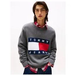 Strickpullover Tommy Jeans "TJM MELANGE FLAG SWEATER", Herren, Gr. 3XL, schwarz (schwarz htr), Sweatware, Obermaterial: 100% Baumwolle, hüftbedeckend, Rundhals, Rippbündchen, Pullover, Regular Fit, Rundhals Retro Flag Classic