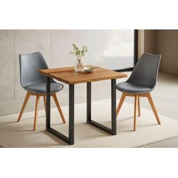 Essgruppe Baumkante massiv 80 x 80 cm Holz Wildeiche-Optik U-Gestell schwarz & 2 Stühle grau JOSY