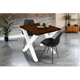 Esstisch Baumkante Holz-Optik Nussbaum 80 x 80 X-Gestell weiß JOSY