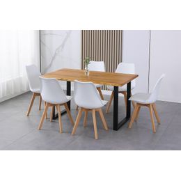 Essgruppe Baumkante massiv 160 x 85 cm Holz Wildeiche-Optik U-Gestell schwarz & 6 Stühle weiß JOSY