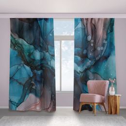 Vorhang Unterwasser in Petrol und Rot mit Gold - blickdichte Gardine Abstrakt Aquarell Kunstdruck Muster Wohnzimmer Schlafzimmer K&uuml;che Bad Badezimmer