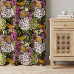 Vorhang Rotkehlchen mit Blumen - blickdichte Gardine Blumen Floral Botanik Tropical Illustration Muster Tiere Wohnzimmer Schlafzimmer K&uuml;che Bad