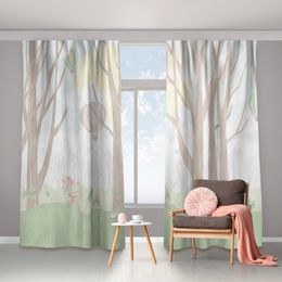 Vorhang Sonne mit B&auml;umen und Hei&szlig;luftballons - blickdichte Gardine Wald B&auml;ume Illustration Kinder Natur Kinderzimmer Baby Babyzimmer M&auml;dchen