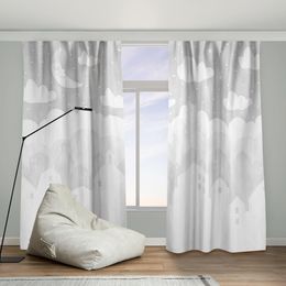 Vorhang Sternenhimmel mit H&auml;usern und Mond in grau - blickdichte Gardine Illustration Kinder Kinderzimmer Baby Babyzimmer M&auml;dchen M&auml;dchenzimmer