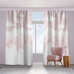 Vorhang Sternenhimmel mit H&auml;usern und Mond in rosa - blickdichte Gardine Illustration Kinder Kinderzimmer Baby Babyzimmer M&auml;dchen M&auml;dchenzimmer Rosa