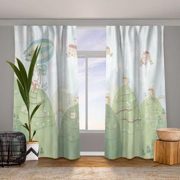 Bilderwelten Vorhang Wald mit Häusern und Tieren - blickdichte Gardine Illustration Kinder Tiere Kinderzimmer Baby Babyzimmer Mädchen Mädchenzimmer Jungen