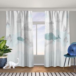 Bilderwelten Vorhang Wolken mit Wal und Schloss - blickdichte Gardine Illustration Kinder Tiere Kinderzimmer Baby Babyzimmer Mädchen Mädchenzimmer Jungen