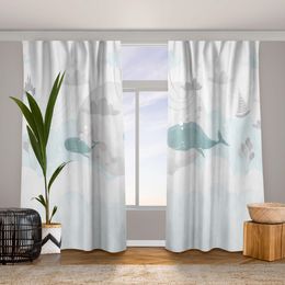 Vorhang Wolken mit Wal und Schloss - blickdichte Gardine Illustration Kinder Tiere Kinderzimmer Baby Babyzimmer M&auml;dchen M&auml;dchenzimmer Jungen