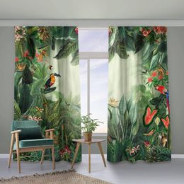 Vorhang Vintage Bunter Dschungel - blickdichte Gardine Wald Bäume Blumen Floral Botanik Tropical Kunstdruck Natur Wohnzimmer Schlafzimmer Küche Bad