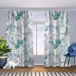 Vorhang Lilien und Hortensien auf Blau - blickdichte Gardine Blumen Floral Kunstdruck Muster Wohnzimmer Schlafzimmer Küche Bad Badezimmer Blau