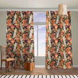 Bilderwelten Vorhang Kraniche und Chrysanthemen Schwarz - blickdichte Gardine Blumen Floral Illustration Muster Tiere Wohnzimmer Schlafzimmer K&uuml;che Bad Badezimmer