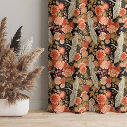 Bilderwelten Vorhang Kraniche und Chrysanthemen Schwarz - blickdichte Gardine Blumen Floral Illustration Muster Tiere Wohnzimmer Schlafzimmer K&uuml;che Bad Badezimmer