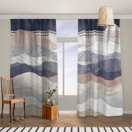 Vorhang Wellenförmige Berglandschaft - blickdichte Gardine Illustration Kunstdruck Natur Wohnzimmer Schlafzimmer Küche Bad Badezimmer Grau