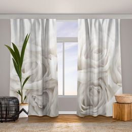 Vorhang Weiße Rosen - blickdichte Gardine Blumen Floral Wohnzimmer Schlafzimmer Küche Bad Badezimmer Beige