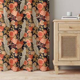 Vorhang Kraniche und Chrysanthemen Schwarz - blickdichte Gardine Blumen Floral Illustration Muster Tiere Wohnzimmer Schlafzimmer Küche Bad Badezimmer