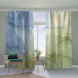 Vorhang Meliertes Blaugrau mit Moosgr&uuml;n - blickdichte Gardine Abstrakt Wohnzimmer Schlafzimmer K&uuml;che Bad Badezimmer Blau