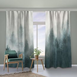 Vorhang Nadelwald im Nebel - blickdichte Gardine Wald Bäume Natur Wohnzimmer Schlafzimmer Küche Bad Badezimmer Beige