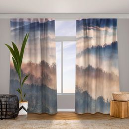 Vorhang Nebel bei Sonnenuntergang - blickdichte Gardine Wald Bäume Natur Wohnzimmer Schlafzimmer Küche Bad Badezimmer Beige