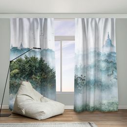 Vorhang Morgennebel über dem Dschungel von Bagan - blickdichte Gardine Wald Bäume Natur Skyline Stadt Wohnzimmer Schlafzimmer Küche Bad Badezimmer