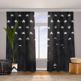 Vorhang Pixel Retro Game Klassiker auf Schwarz - blickdichte Gardine Digital Art Schwarz-Weiß Vintage Wohnzimmer Schlafzimmer Jugendzimmer