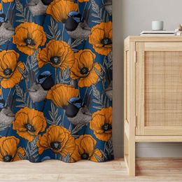 Vorhang Mohnblumen und V&ouml;gel - blickdichte Gardine Blumen Floral Illustration Muster Tiere Wohnzimmer Schlafzimmer K&uuml;che Bad Badezimmer Blau