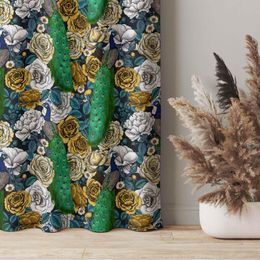 Vorhang Pfau mit Bl&uuml;ten - blickdichte Gardine Blumen Floral Botanik Tropical Illustration Muster Tiere Wohnzimmer Schlafzimmer K&uuml;che Bad Badezimmer