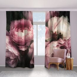 Vorhang Pfingstrosen vor Schwarz Shabby - blickdichte Gardine Blumen Floral Landhausstil Shabby Wohnzimmer Schlafzimmer Küche Bad Badezimmer Rosa