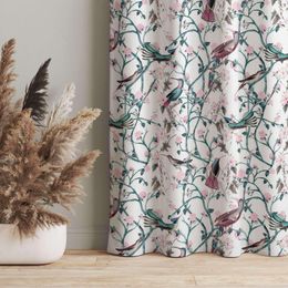 Vorhang Rosa Blumenranken mit V&ouml;geln in Blau - blickdichte Gardine Landhausstil Muster Blumen Floral Tiere Wohnzimmer Schlafzimmer K&uuml;che Bad