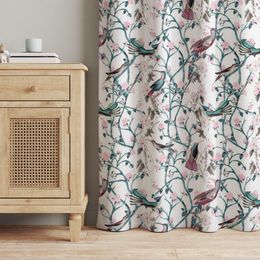 Bilderwelten Vorhang Rosa Blumenranken mit V&ouml;geln in Blau - blickdichte Gardine Landhausstil Muster Blumen Floral Tiere Wohnzimmer Schlafzimmer K&uuml;che Bad
