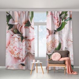 Vorhang Rosa Pfingstrosen mit Blättern - blickdichte Gardine Blumen Floral Landhausstil Wohnzimmer Schlafzimmer Küche Bad Badezimmer Rosa