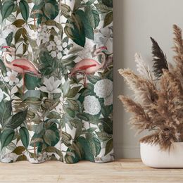 Vorhang Rosa Flamingos mit Bl&auml;ttern und wei&szlig;en Blumen - blickdichte Gardine Botanik Tropical Muster Tiere Wohnzimmer Schlafzimmer K&uuml;che Bad