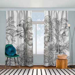 Vorhang Detaillierte Dschungelzeichnung - blickdichte Gardine Botanik Tropical Illustration Tiere Schwarz-Wei&szlig; Wohnzimmer Schlafzimmer K&uuml;che Bad