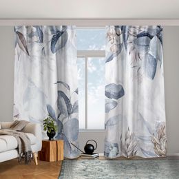 Bilderwelten Vorhang Botanik in Pastell Blau & Beige - blickdichte Gardine Aquarell Blumen Floral Botanik Tropical Kunstdruck Wohnzimmer Schlafzimmer Küche Bad