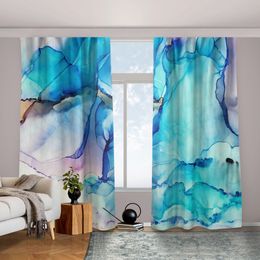 Vorhang Farbkomposition in Blau und Pink - blickdichte Gardine Abstrakt Aquarell Kunstdruck Wohnzimmer Schlafzimmer Küche Bad Badezimmer Blau