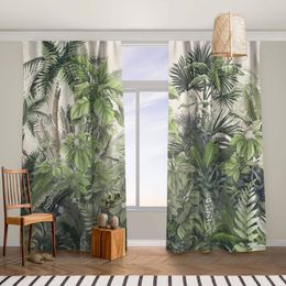 Bilderwelten Vorhang Dschungelpflanzen in Gr&uuml;n - blickdichte Gardine Wald B&auml;ume Botanik Tropical Illustration Natur Wohnzimmer Schlafzimmer K&uuml;che Bad Badezimmer