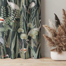 Vorhang Flamingos und St&ouml;rche mit Pflanzen auf Gr&uuml;n - blickdichte Gardine Aquarell Botanik Tropical Illustration Muster Tiere Wohnzimmer Schlafzimmer