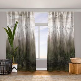 Vorhang Flussschilf vor Berglandschaft in beige - blickdichte Gardine Botanik Tropical Kunstdruck Natur Vintage Skyline Stadt Wohnzimmer Schlafzimmer