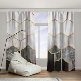 Bilderwelten Vorhang Goldene Sechsecke Schwarz Wei&szlig; - blickdichte Gardine Abstrakt Aquarell Kunstdruck Muster Schwarz-Wei&szlig; Wohnzimmer Schlafzimmer K&uuml;che Bad